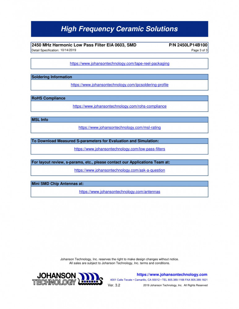 2450LP14B100 series datasheet page 3: application and compliance resource references