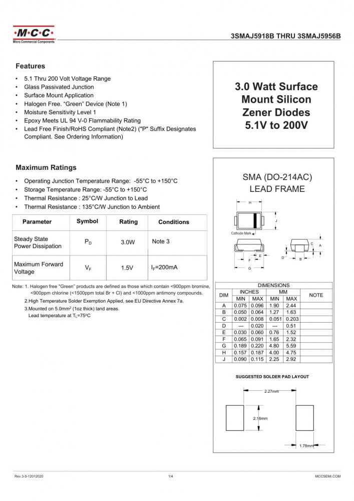 MCC 3SMAJ5919B-TP datasheet page 1