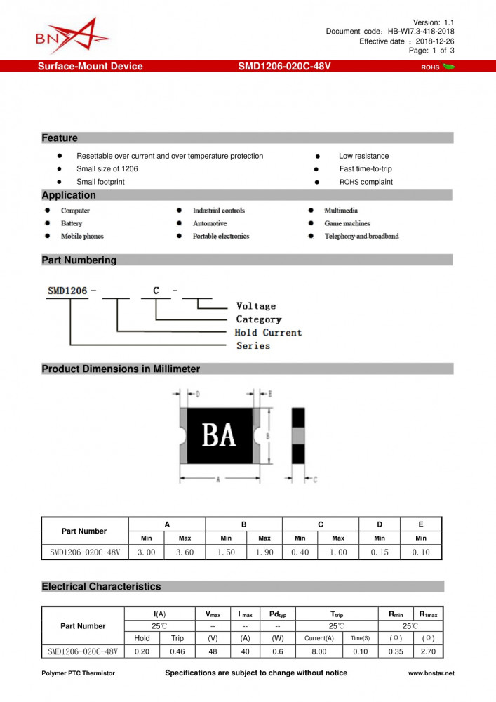 BNstar SMD1206-020C-48V datasheet page 1