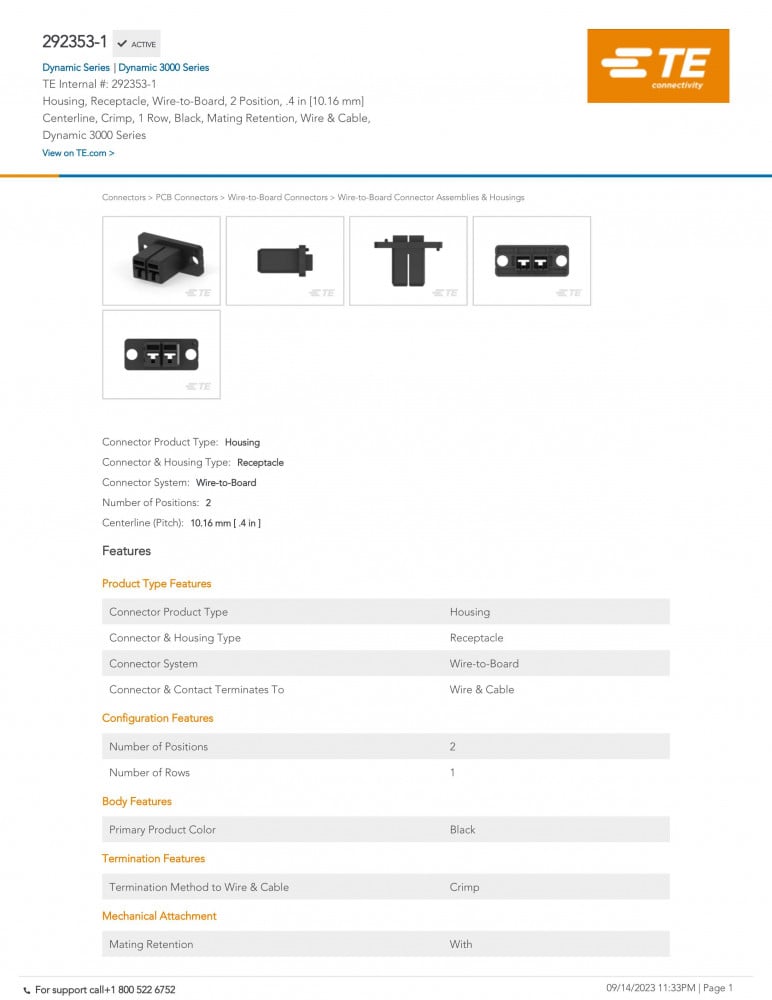 TE Connectivity 292353-1 technical document page 1