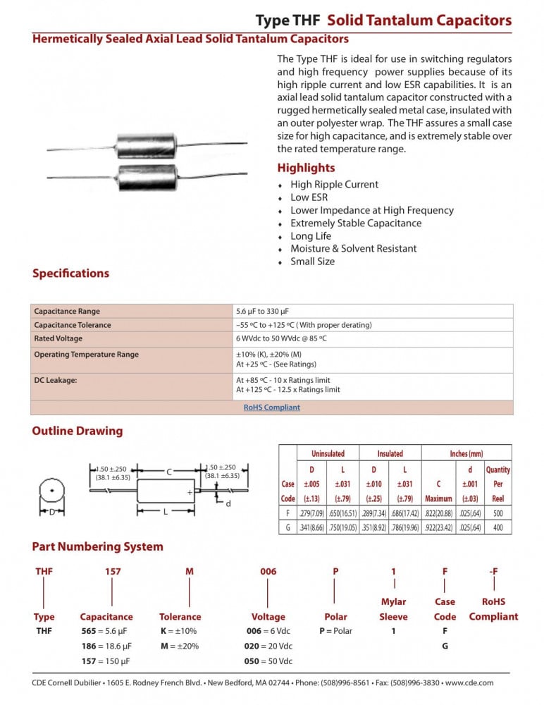 CDE THF solid tantalum capacitor datasheet page 1