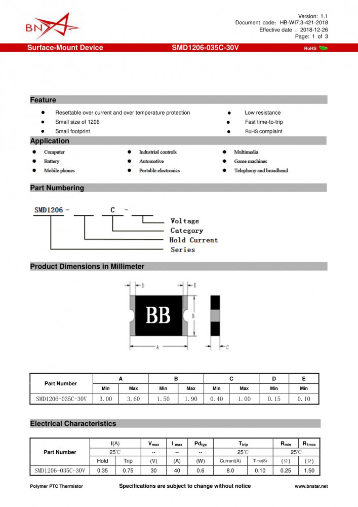 BNstar SMD1206-035C-30V datasheet page 1