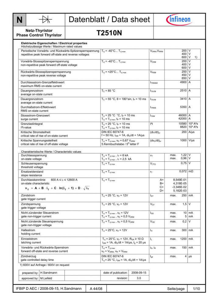 Infineon T2510N data sheet page 1
