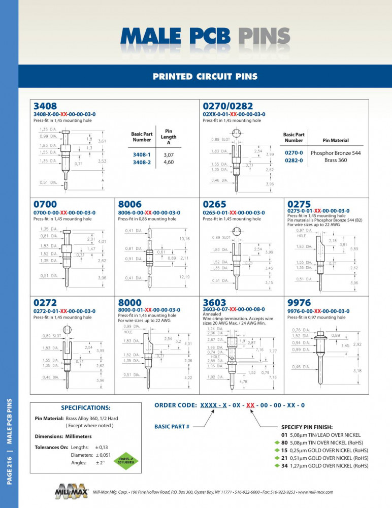 Mill-Max printed circuit pins technical document page