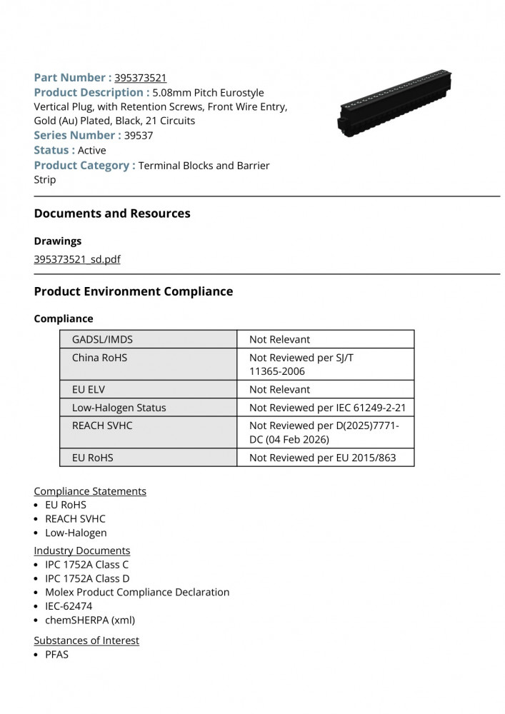 MOLEX 39537 series drawing, page 1
