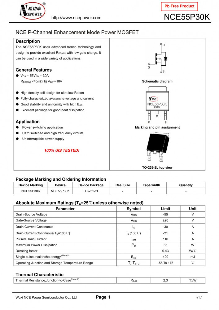 NCE55P30K datasheet page 1