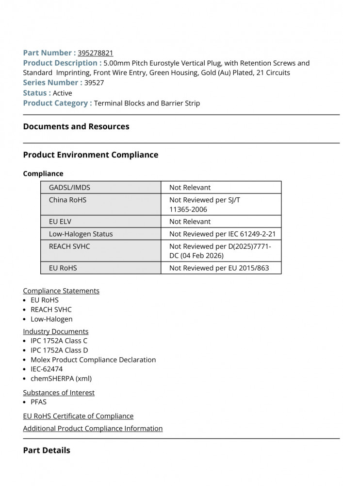 Product document image 1 for Molex 395278821