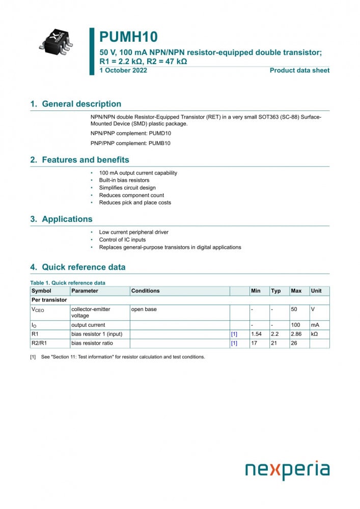 PUMH10,115 datasheet page 1