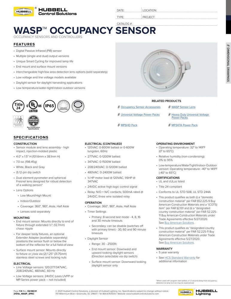 WSPEMUNV WASP occupancy sensor documentation page 1