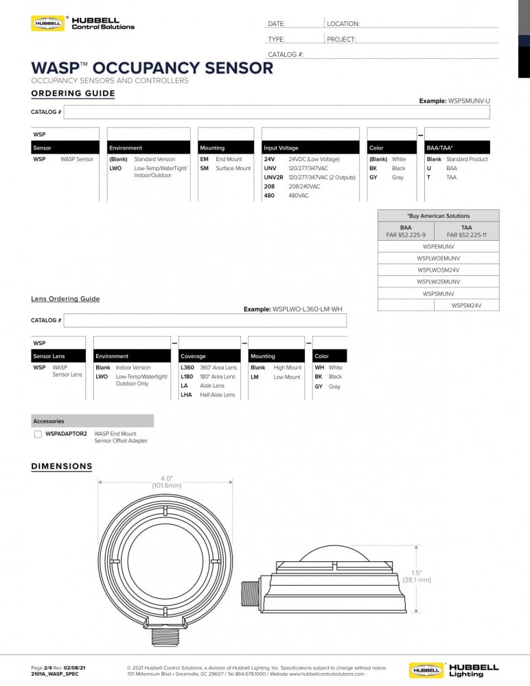 WSPEMUNV WASP occupancy sensor documentation page 2