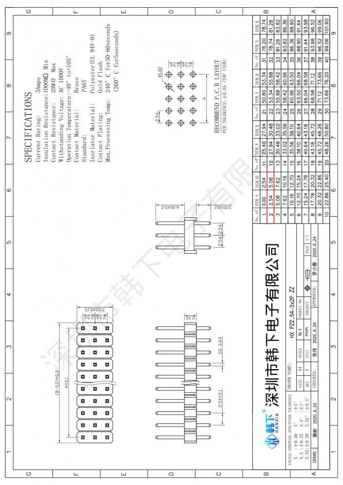 HX PZ2.54-3x2P ZZ specification page 1