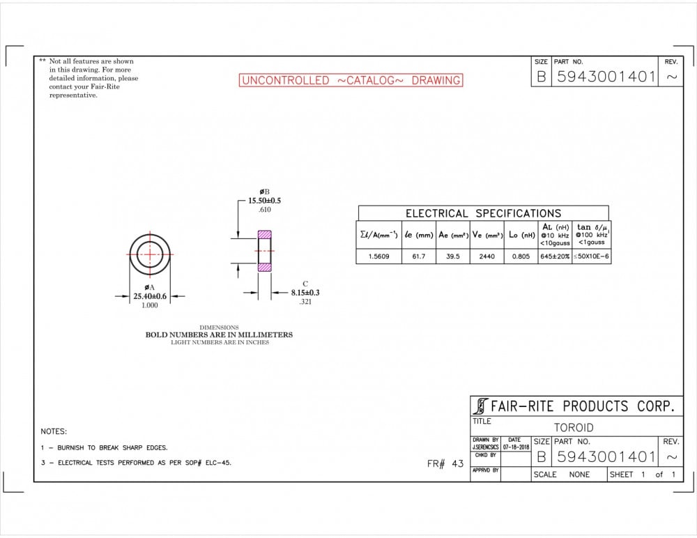 Fair-Rite 5943001401 technical document preview