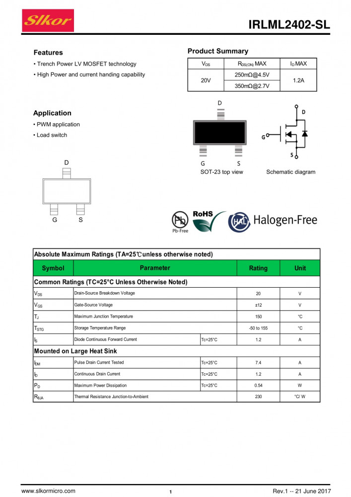 IRLML2402-SL datasheet page 1