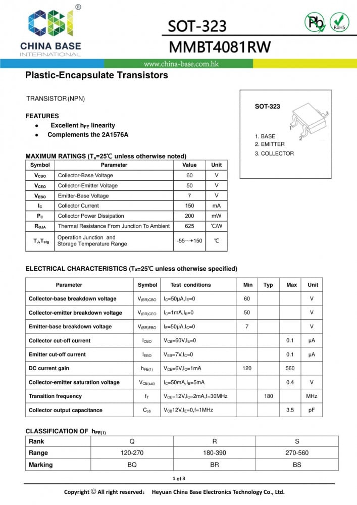 MMBT4081RW datasheet page 1