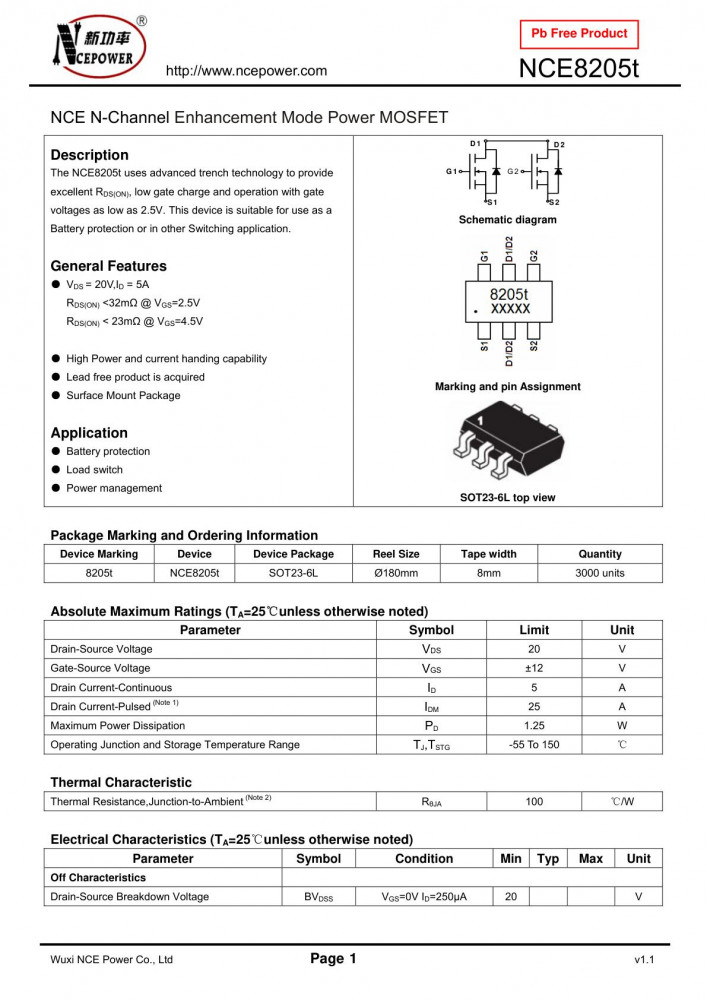 NCE8205t datasheet page 1