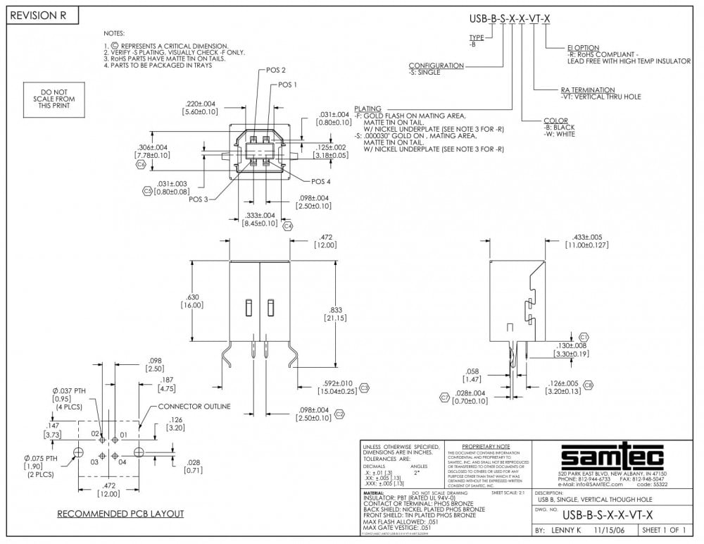 Samtec USB-B connector technical drawing
