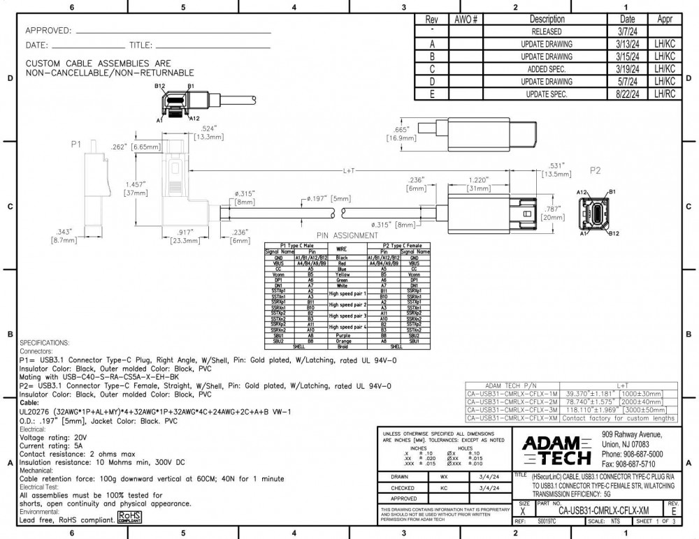 ADAM TECH cable assembly drawing, sheet 1
