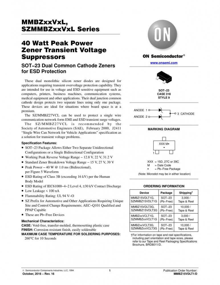 MMBZ27VCLT1G datasheet page 1