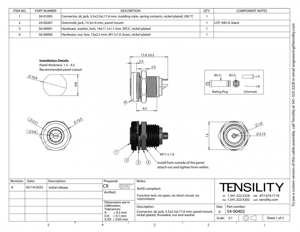 Tensility 54-00402 product drawing and panel installation details