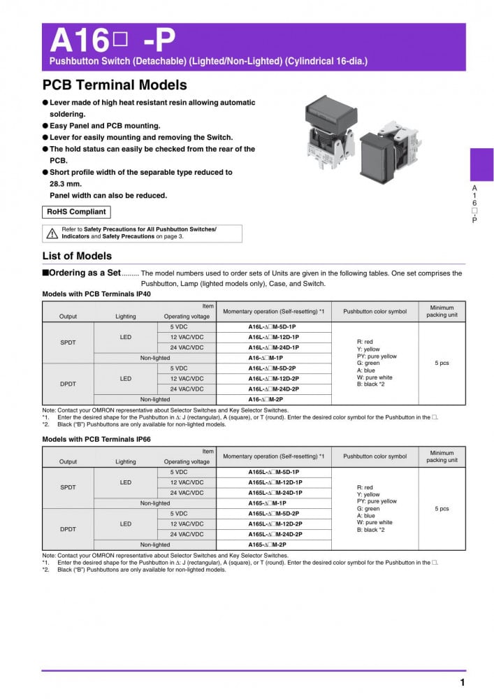 OMRON A165L datasheet page 1