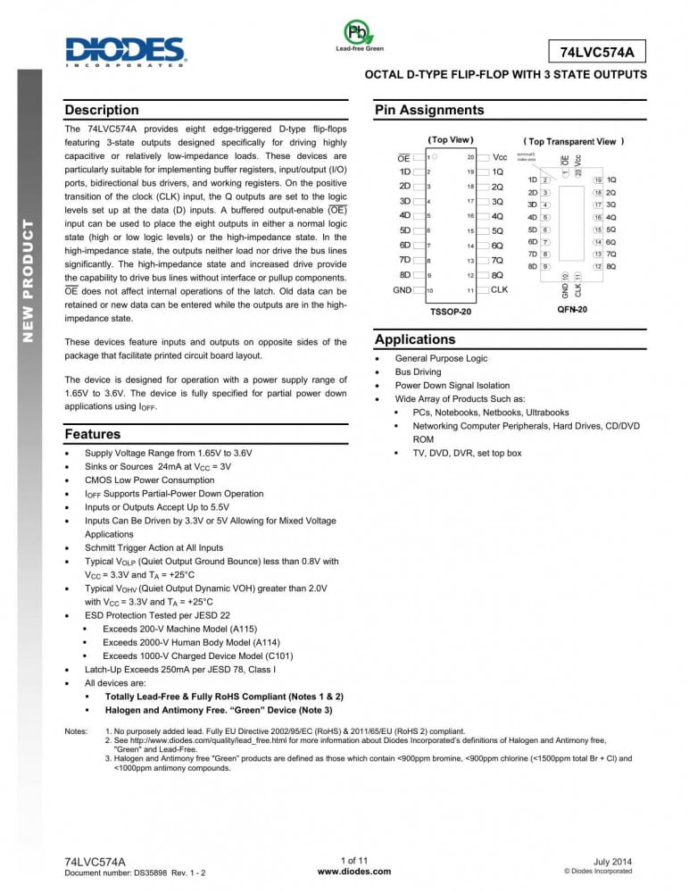 74LVC574AQ20-13 datasheet page 1