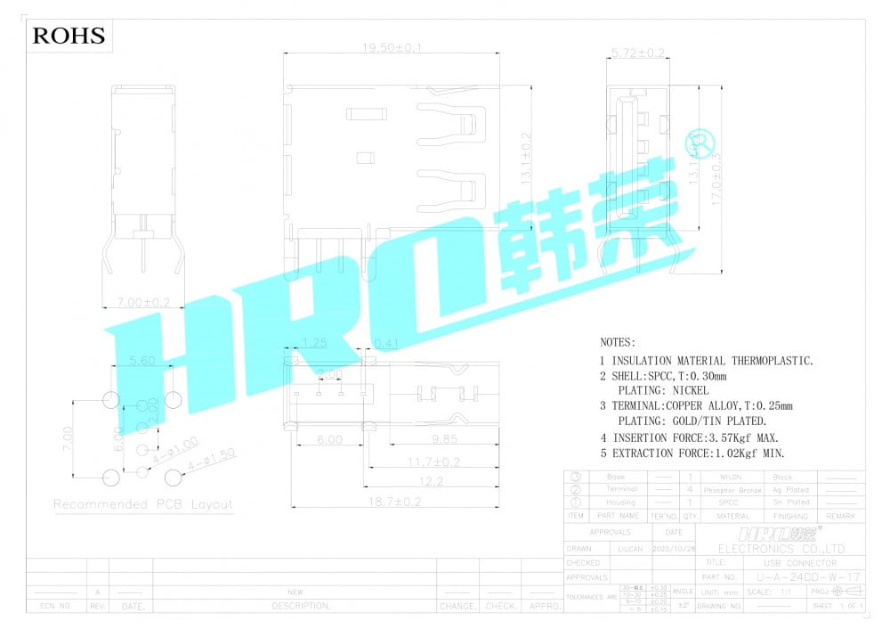 U-A-24DD-W-17 USB connector technical drawing