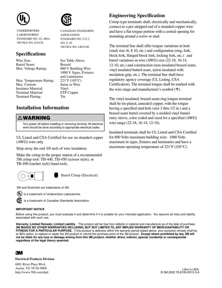 3M Scotchlok terminal data sheet page 2