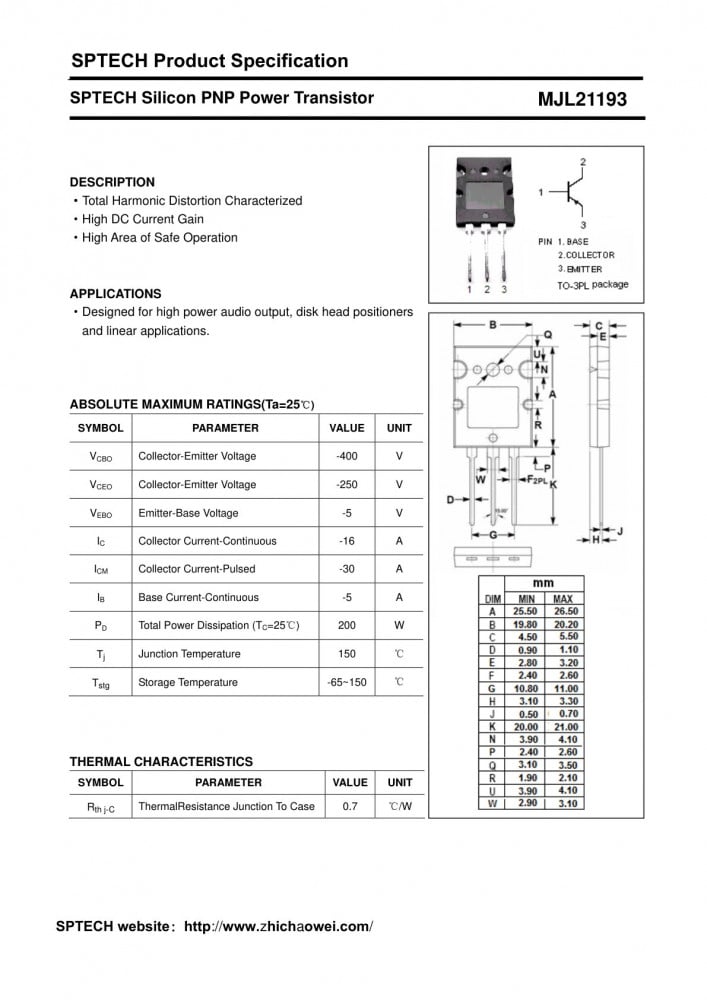 MJL21193 SPTECH datasheet page 1
