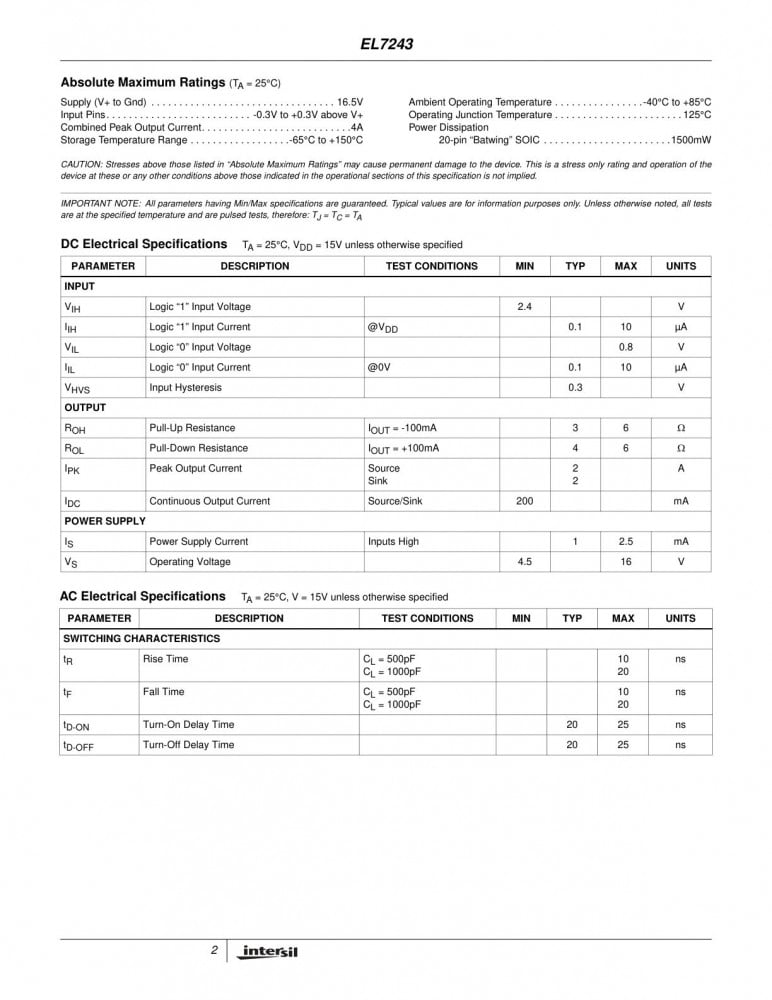 EL7243CMZ datasheet page 2