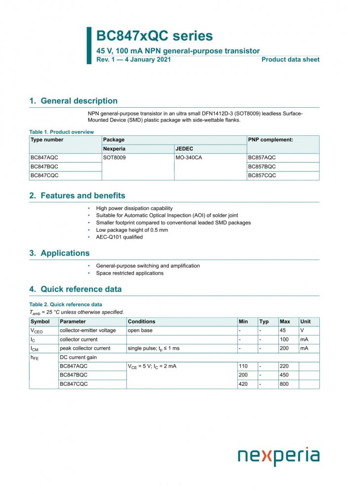 BC847AQCZ datasheet page 1