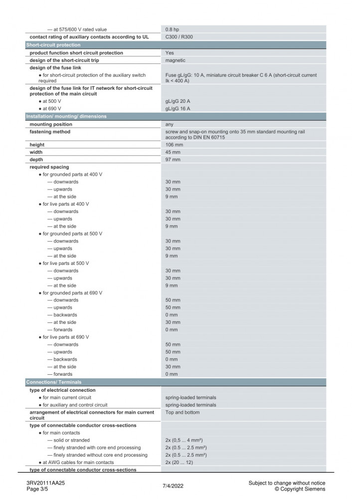 SIEMENS 3RV20111AA25 technical document page 3