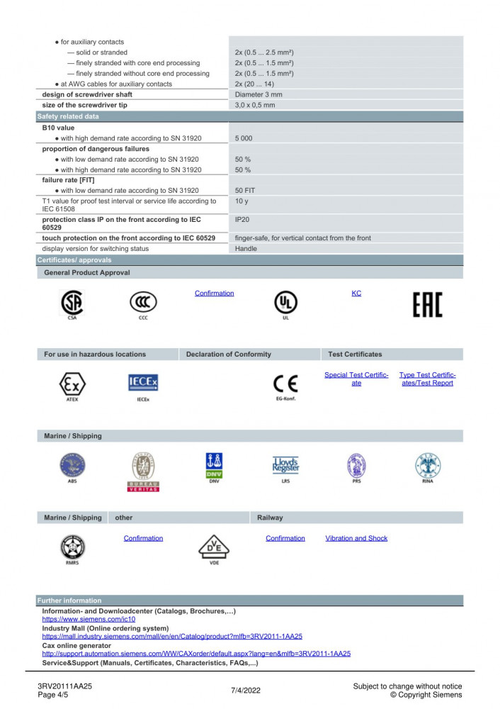SIEMENS 3RV20111AA25 technical document page 4