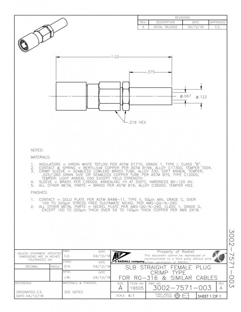 Radiall 3002-7571-003 product drawing, revision A