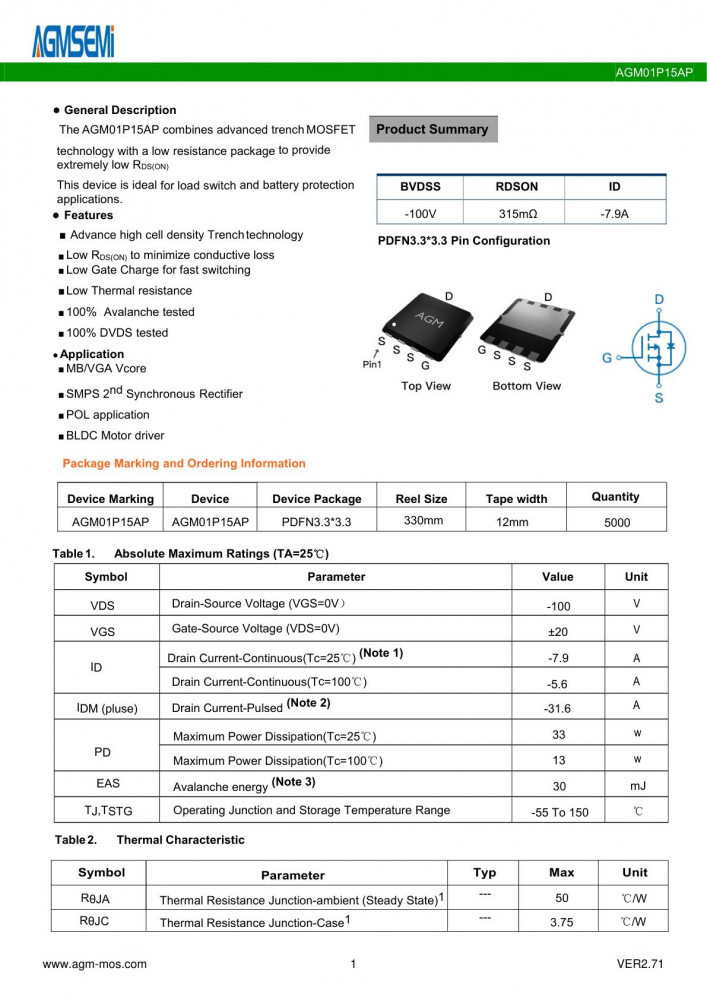 AGM01P15AP datasheet page 1