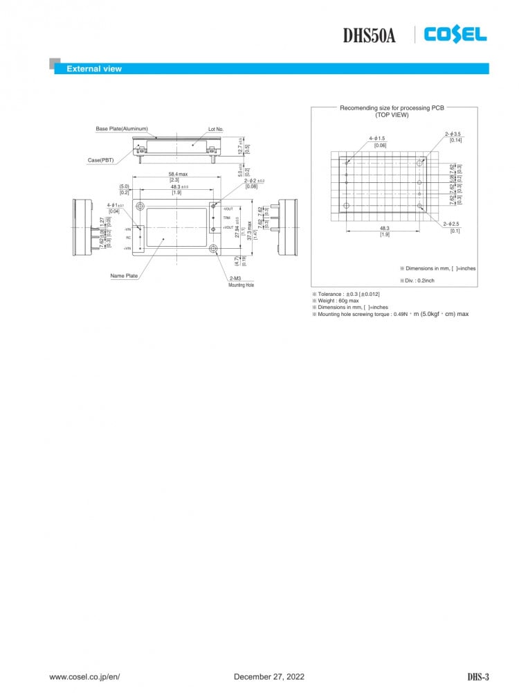 Cosel DHS series datasheet page 3