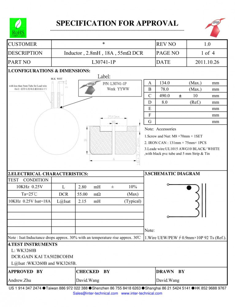 L30741-1P datasheet page 1: dimensions and electrical characteristics