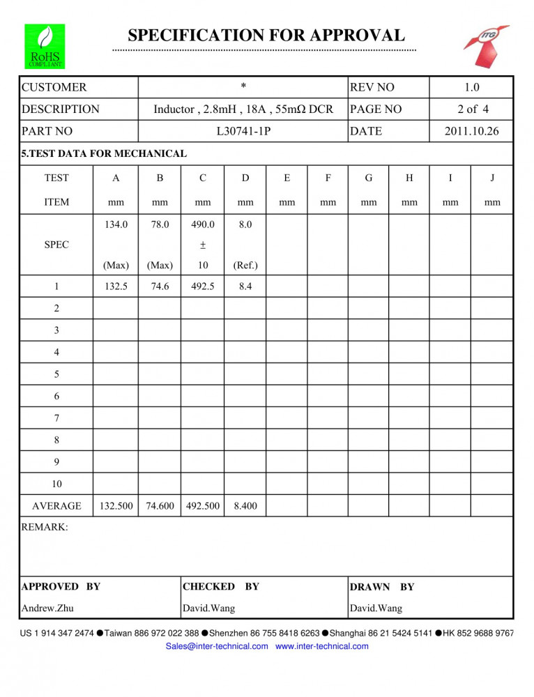 L30741-1P datasheet page 2: mechanical test data