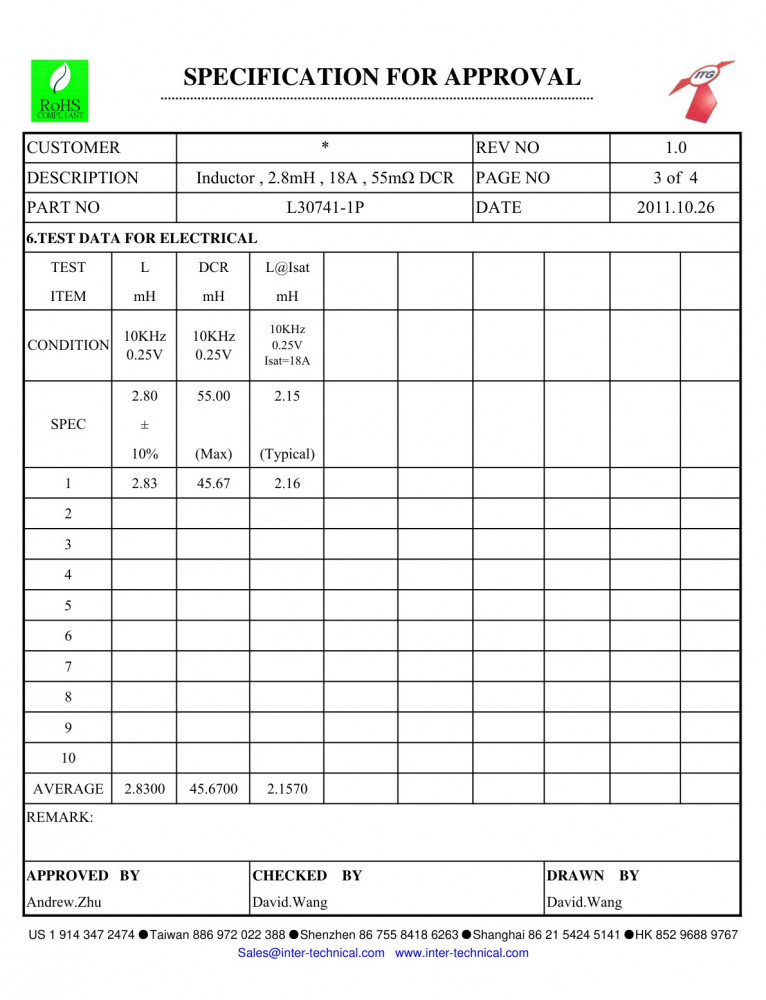 L30741-1P datasheet page 3: electrical test data