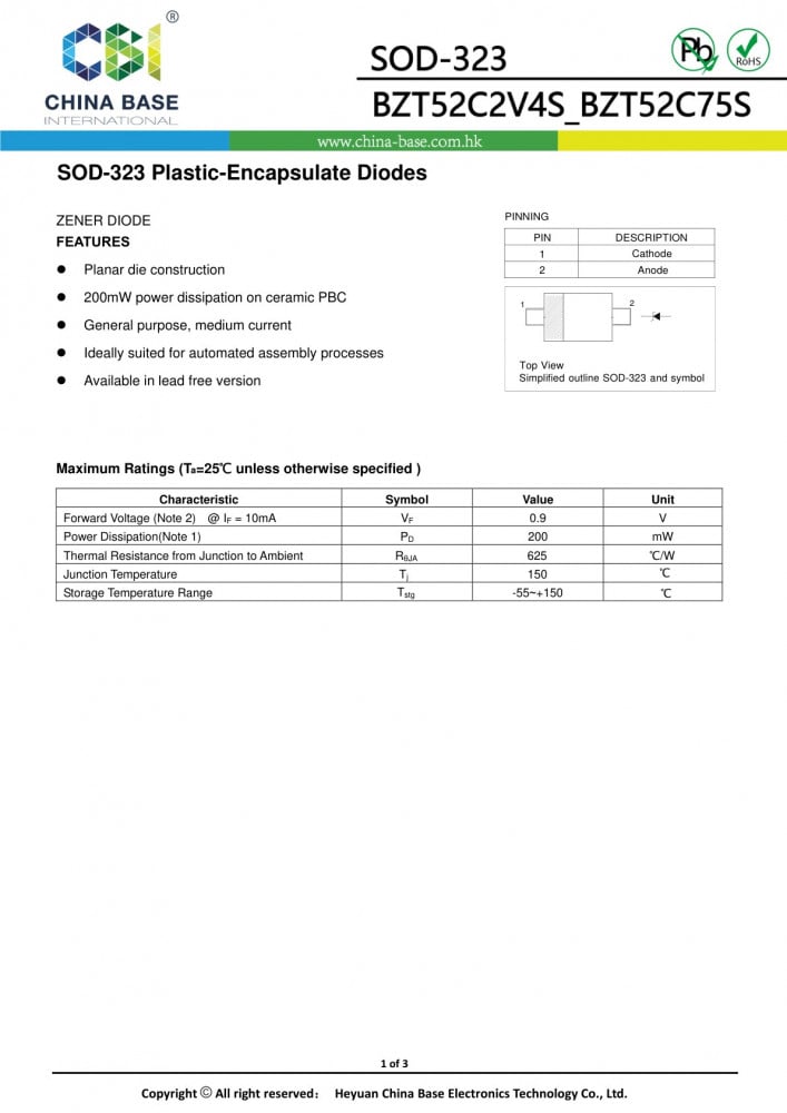 CBI BZT52C47S datasheet page 1