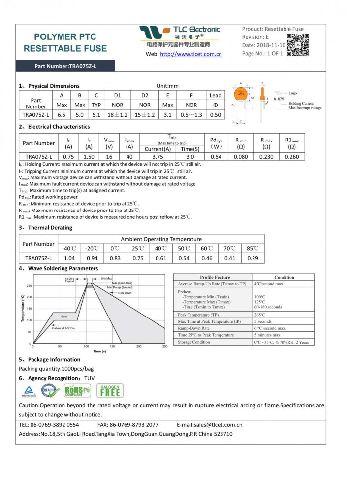 TRA075Z-L technical document page