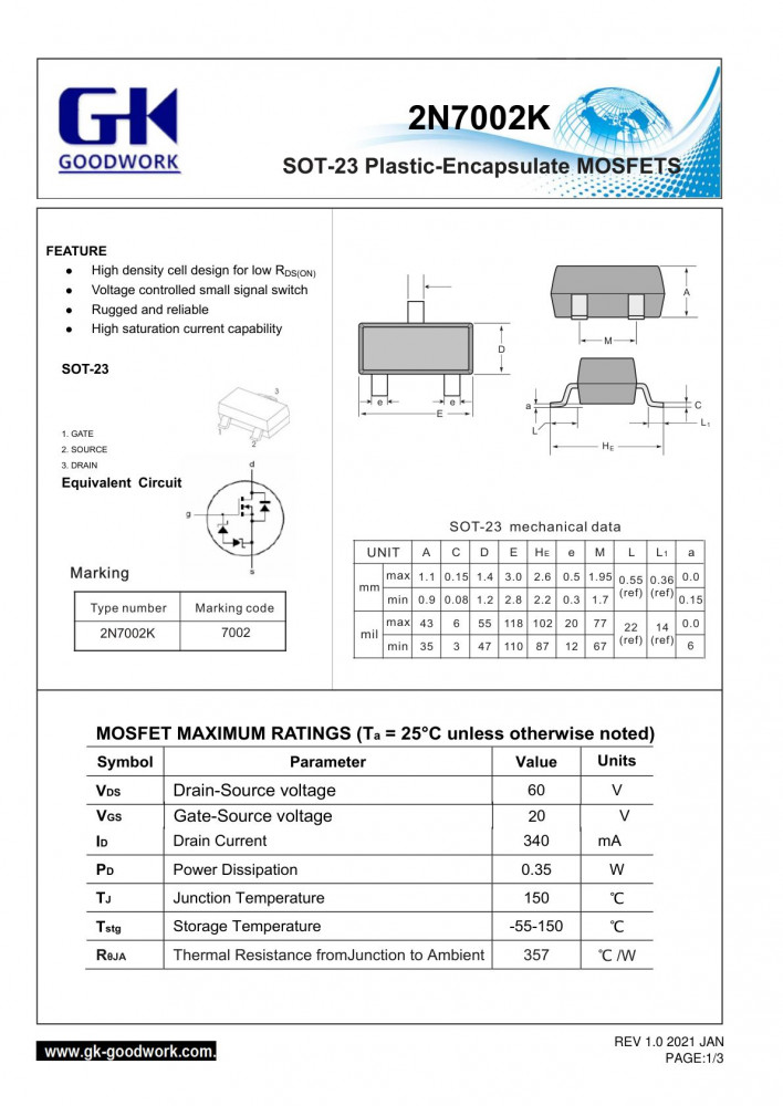 GOODWORK 2N7002K datasheet page 1
