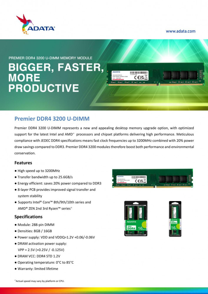 ADATA Premier DDR4 3200 U-DIMM technical document, page 1