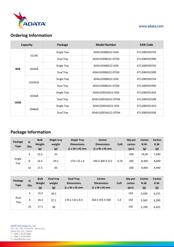 ADATA Premier DDR4 3200 U-DIMM technical document, page 2