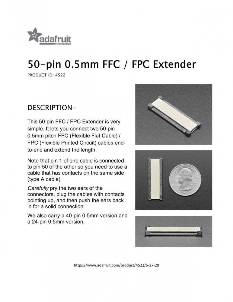 Adafruit 4522 50-pin 0.5mm FFC FPC Extender technical document