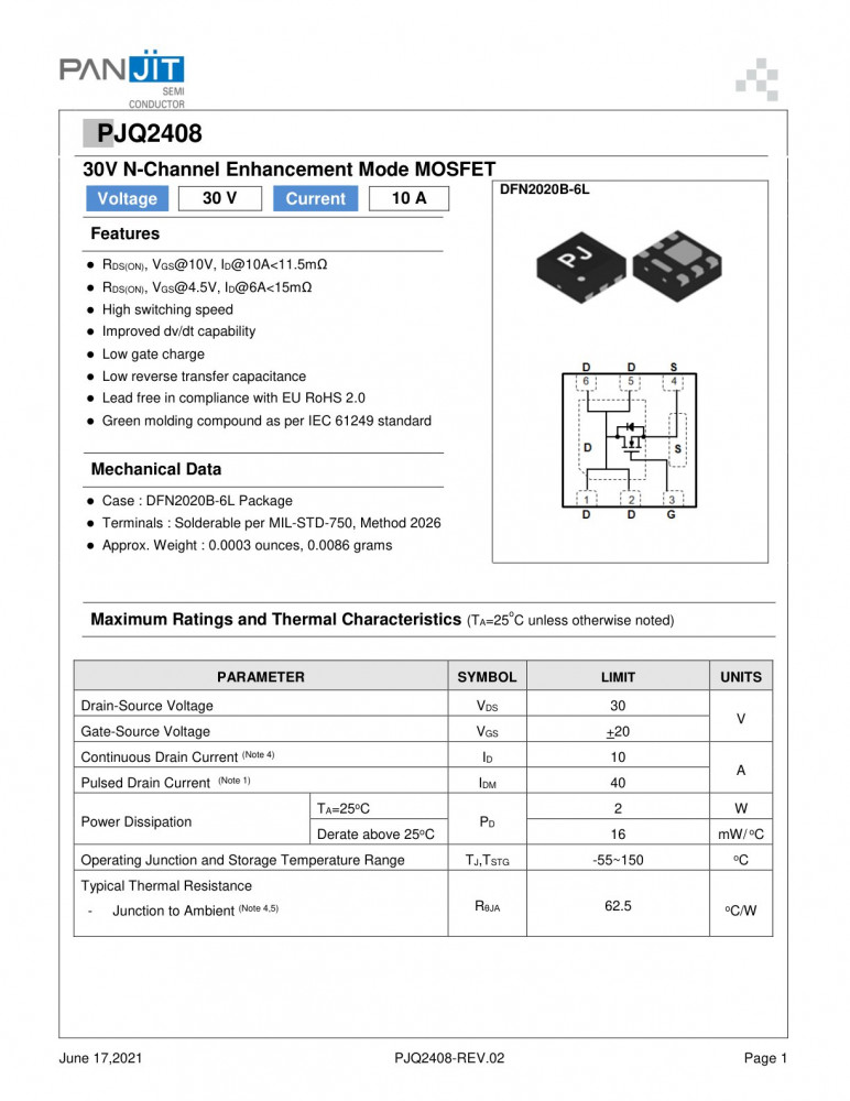 PJQ2408 datasheet page 1