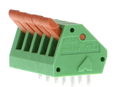 5.08mm Pitch, Eurostyle Fixed-Mount Push-Button Terminal Block, 45° Modular, 18A, 26-14 AWG, Green, 5 Circuits for sale