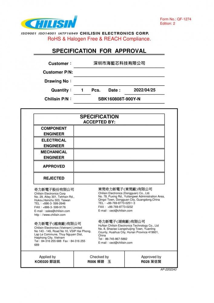 Chilisin SBK160808T-900Y-N specification page 1