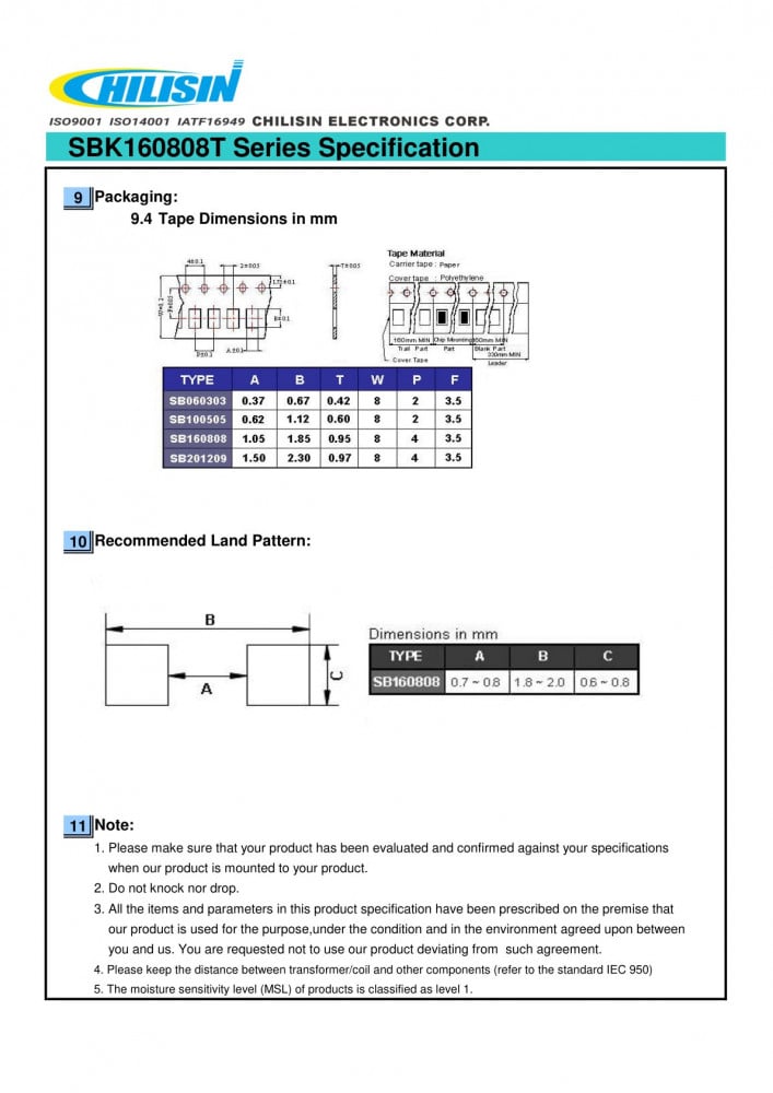 SBK160808T tape dimensions and land pattern