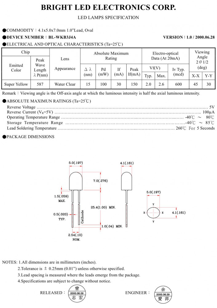 BL-WKB3J4A LED lamp specification sheet preview