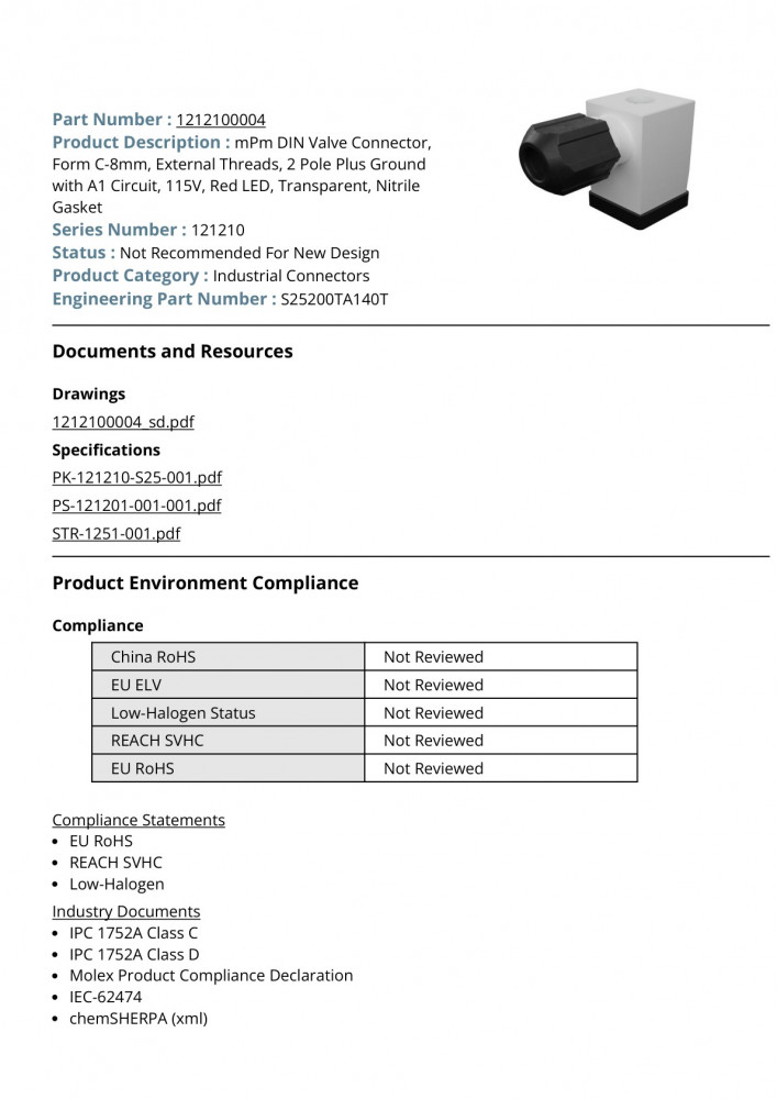 MOLEX DIN valve connector specification preview, page 1
